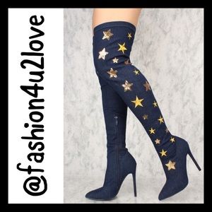 Weeboo | Shoes | Sexy Dark Blue Star Embroider Thigh High Boots | Poshmark